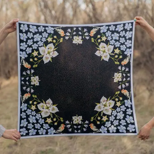 MATTY MILLER STUDIO 100% Silk Scarf Black Gentianfloral Bird Design